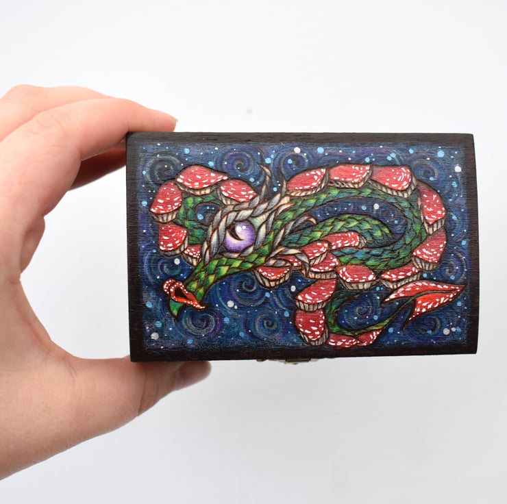 Pyrography cosmic toadstool dragon, small rusti... - Folksy