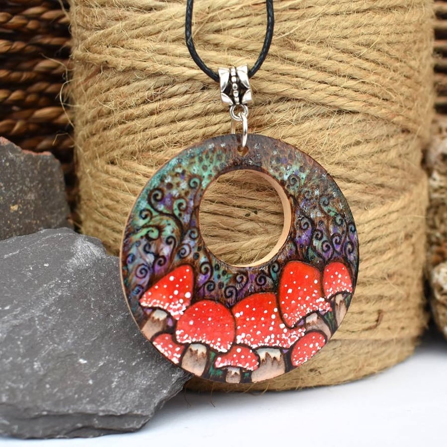 Pyrography toadstool pendant. Large circle shro... - Folksy