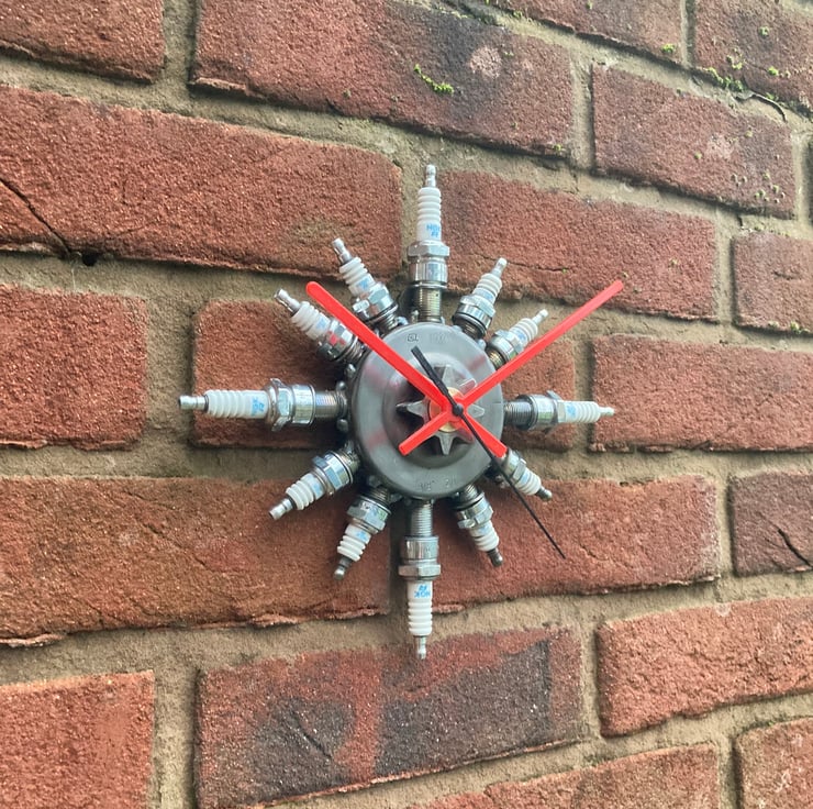 Sunburst Wall Clock, Repurposed Spark Plugs - Folksy