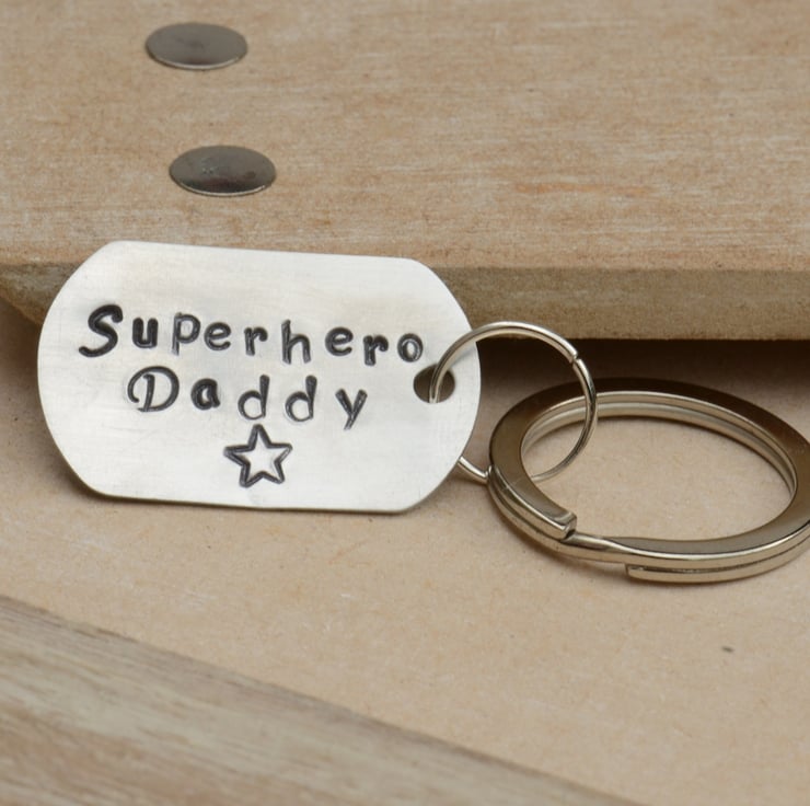 Superhero Daddy Handstamped Aluminium Keyring - Folksy