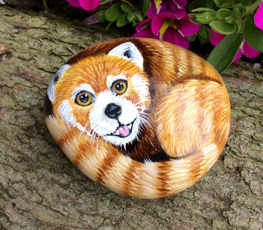 Red panda painted pebble - Folksy