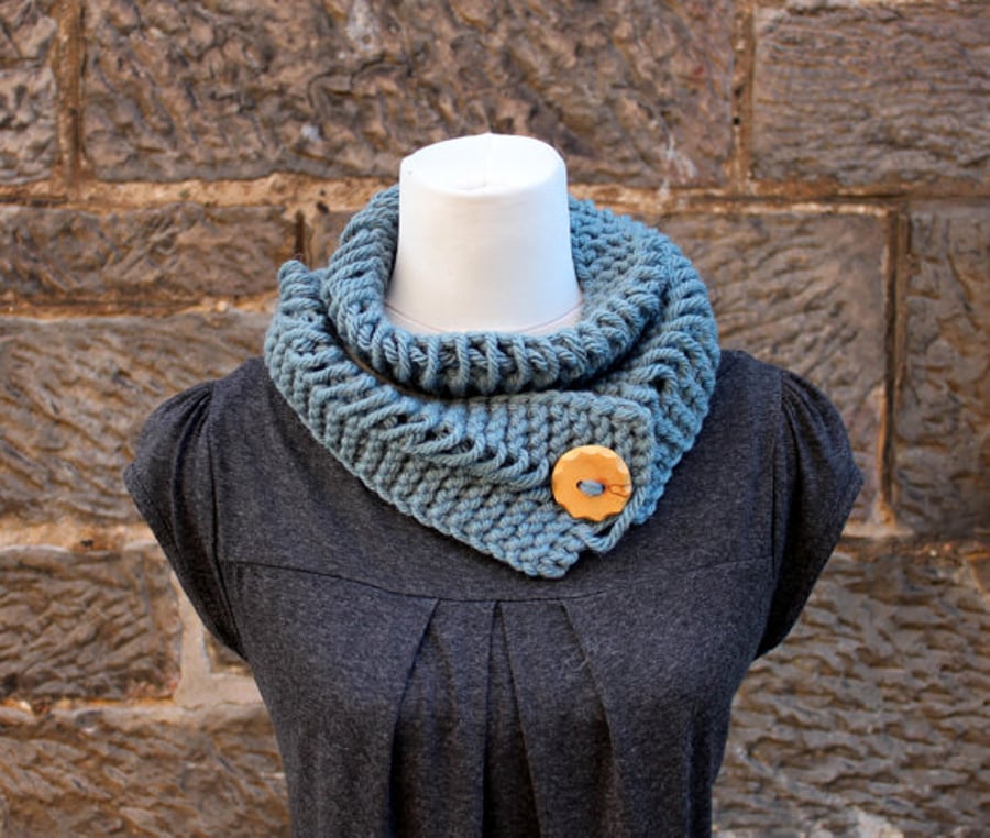 Blue chunky knitted lace button scarf, neckwear... - Folksy