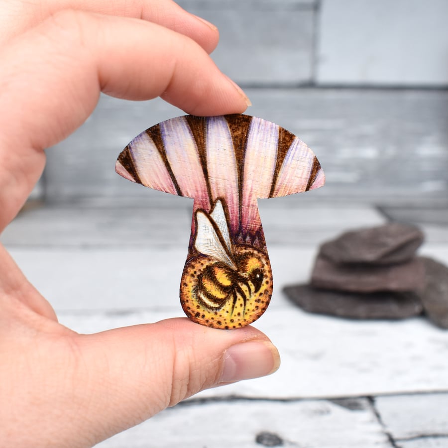 Bee flower toadstool Brooch hand burned using p... - Folksy