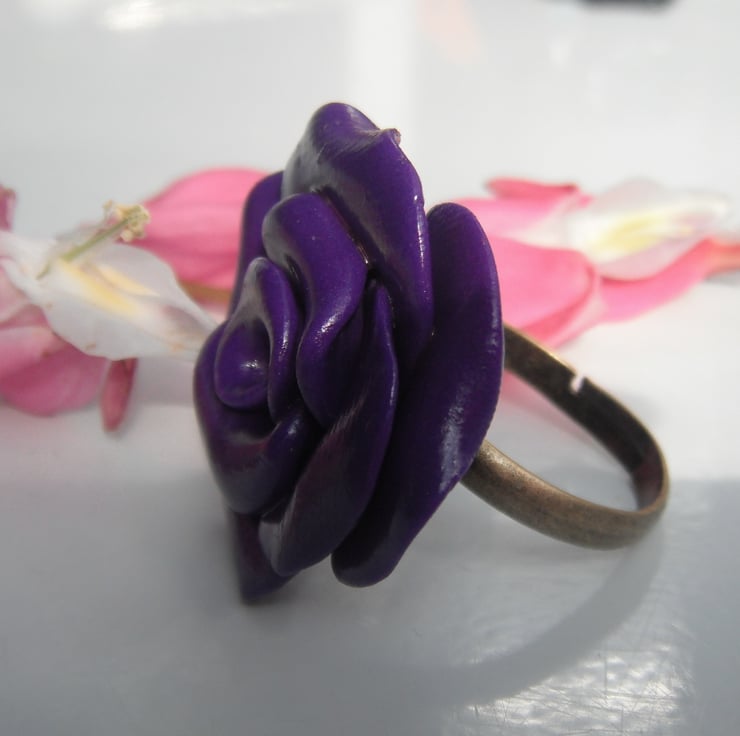 Large Purple Fimo Rose Ring - Folksy