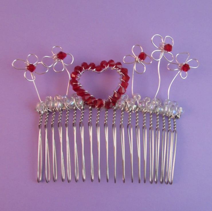 Red Heart Hair Comb with Flowers - Folksy