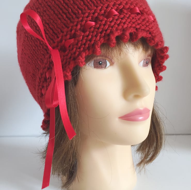 Womens Red Hat, Vintage Winter Hat, Ribbon Lace... - Folksy