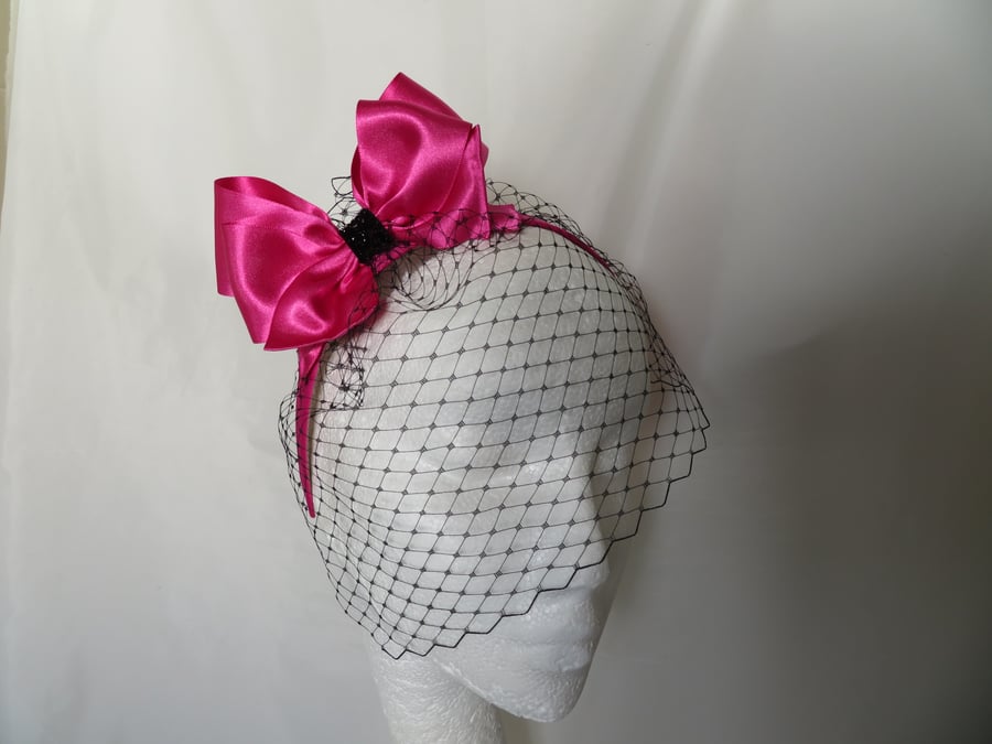 Raspberry Pink Bow Headband Retro Black Veil F... - Folksy