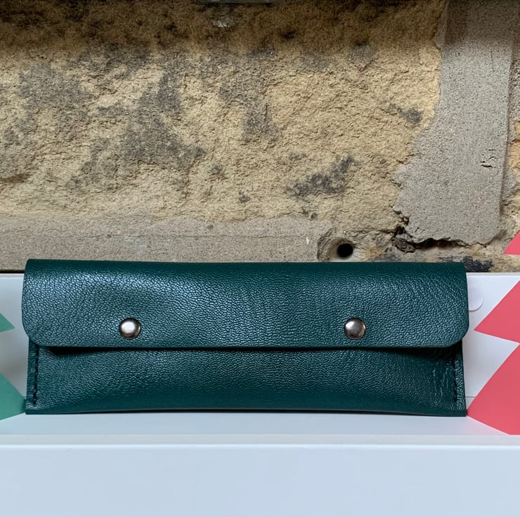 Multi purpose handmade green leather unisex pou... - Folksy