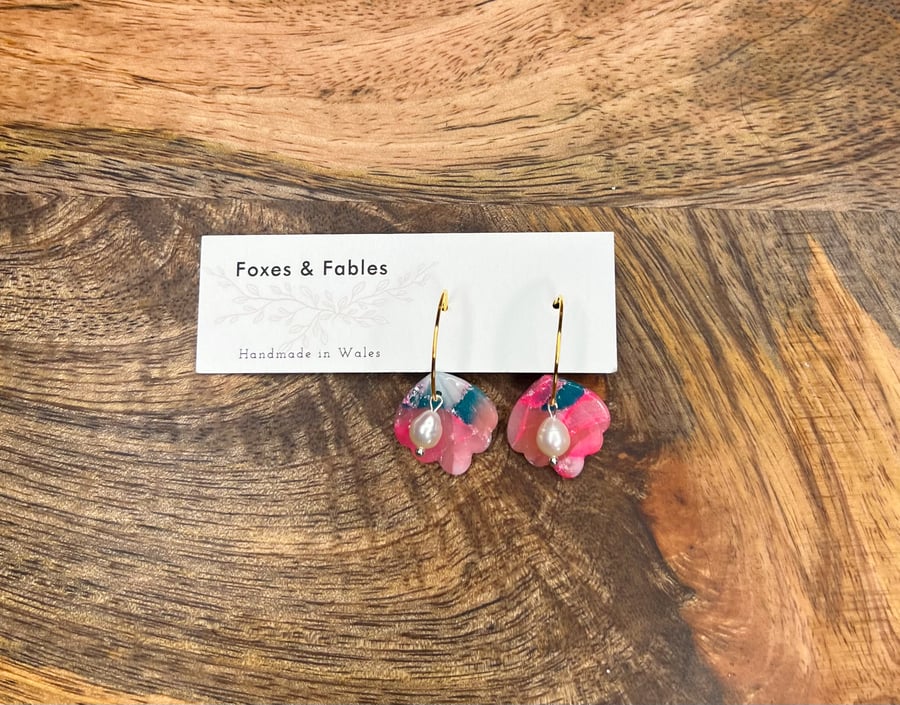 Bright Pink and Blue Shell Hoop Earrings - Folksy