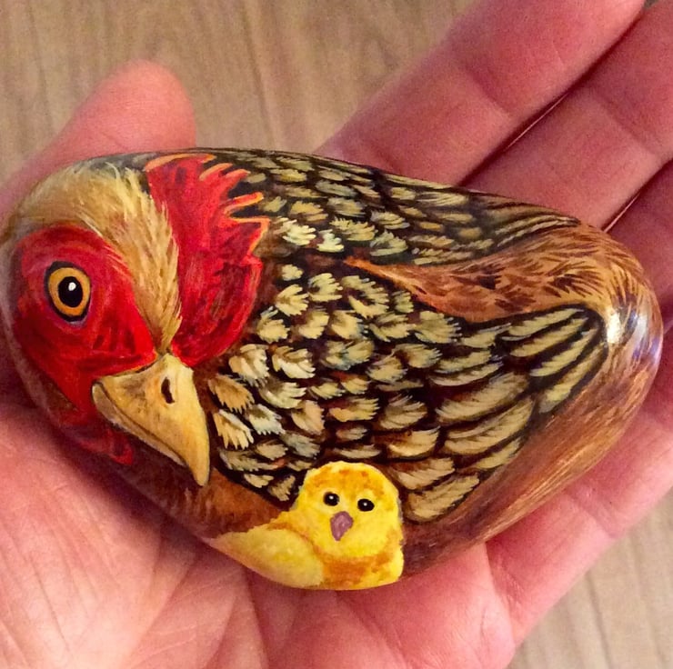 Chicken and chick hand painted stone - Folksy