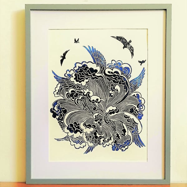 Waves, wings & flying birds-Lino print - Folksy