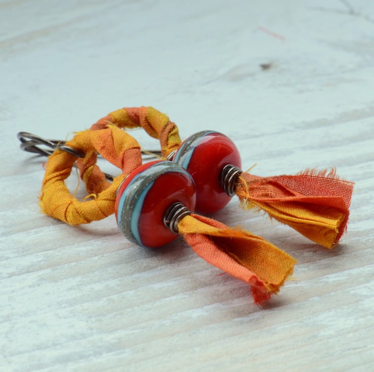 Orange Red Sari Ribbon with Red and Turquoise L... - Folksy