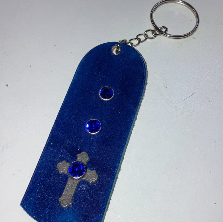 Blue dyed Leather Keyring on chain with 3 Blue ... - Folksy