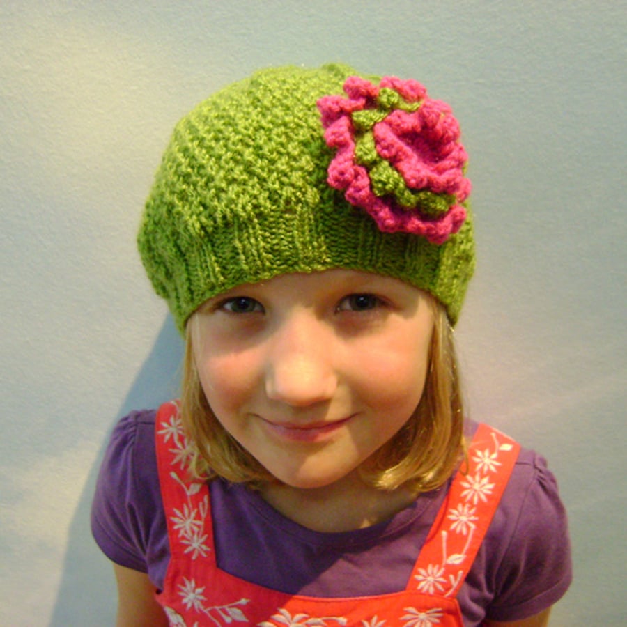 Girls Beanie Hat Green & Strawberry Pink Si... - Folksy