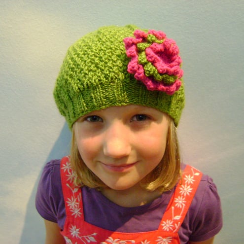 Girls Beanie Hat Green & Strawberry Pink Si... - Folksy