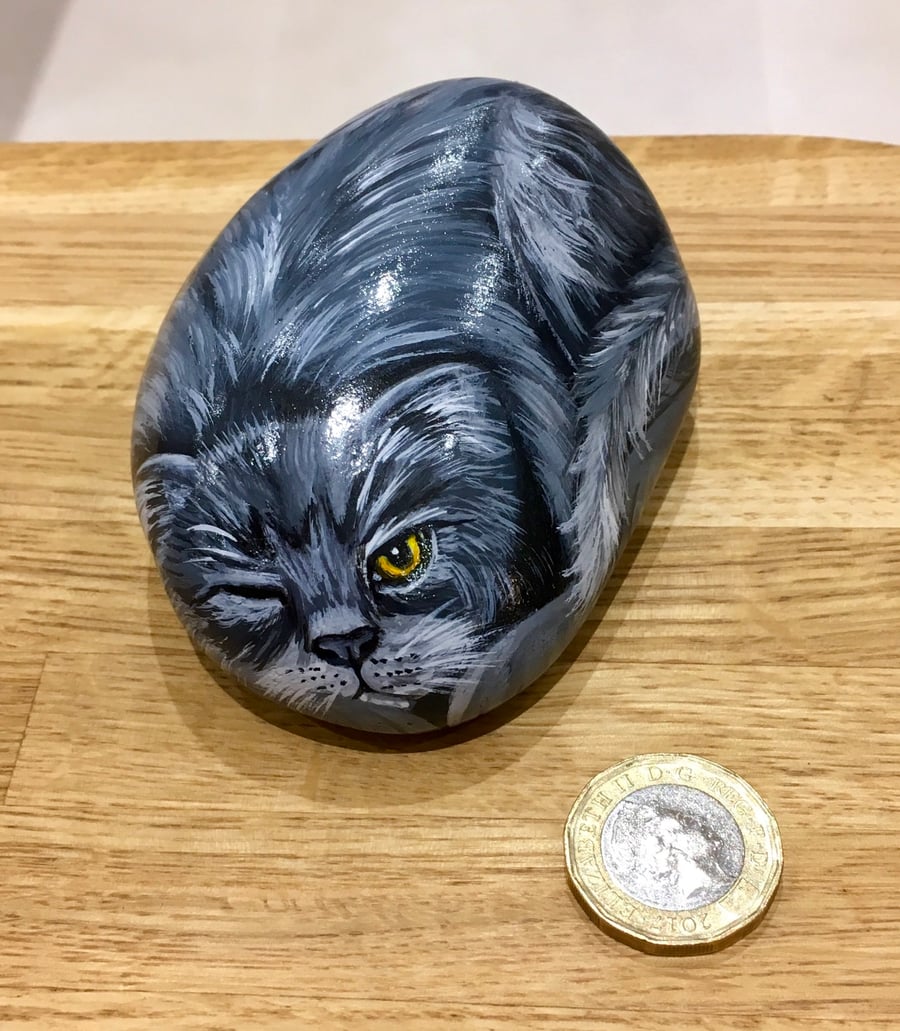 Cat hand painted pebble garden rock art pet Por... - Folksy