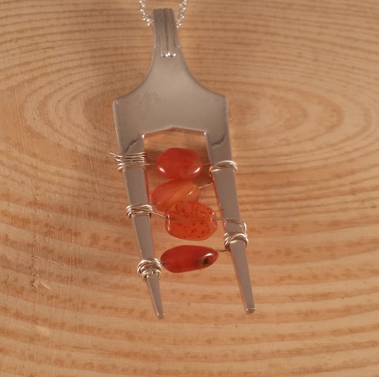 Silver Plated Upcycled Carnelian Chip Fork Neck... - Folksy
