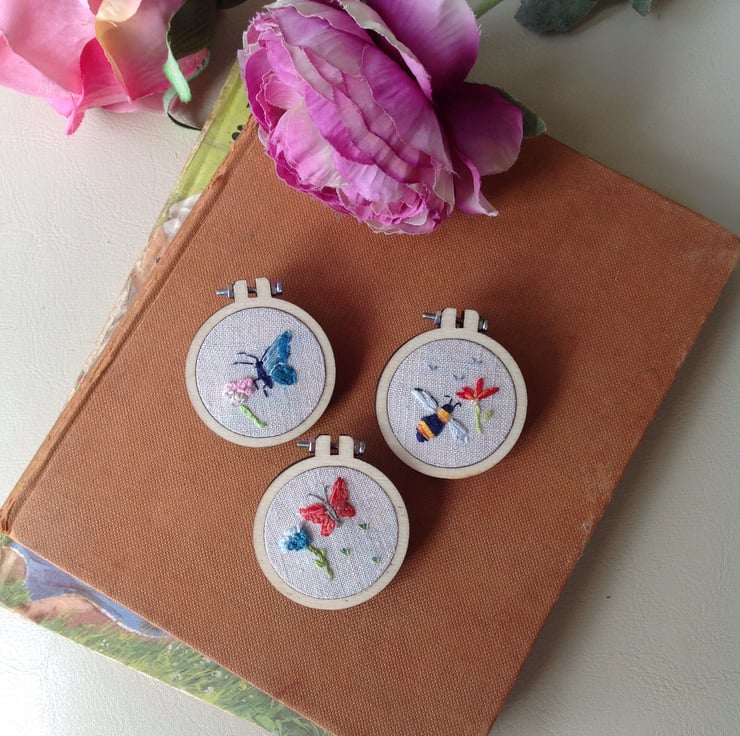 Hand Embroidered Butterfly Mini Hoop Brooch - Folksy