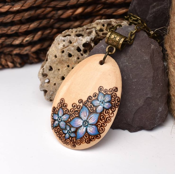 Forget me not Pyrography Pendant. Wood teardrop... - Folksy