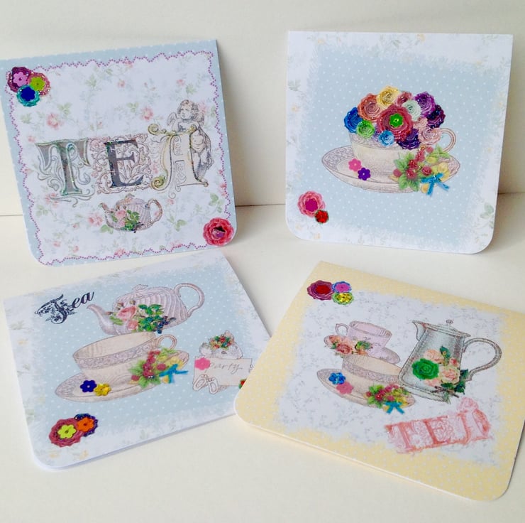 Notecards,Set of Four,Vintage Tea Party,Handmad... - Folksy
