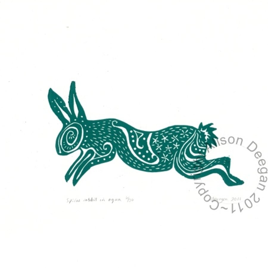 ORIGINAL lino cut print Spiral Rabbit in aqua - Folksy