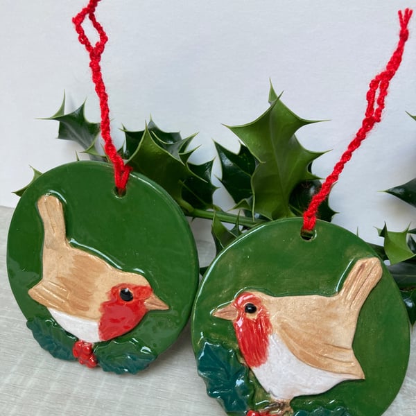 Pair of Ceramic Robin hanging decorations - Folksy