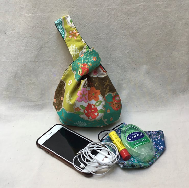 Reversible Japanese Fabric Knot Bag Green and T... - Folksy