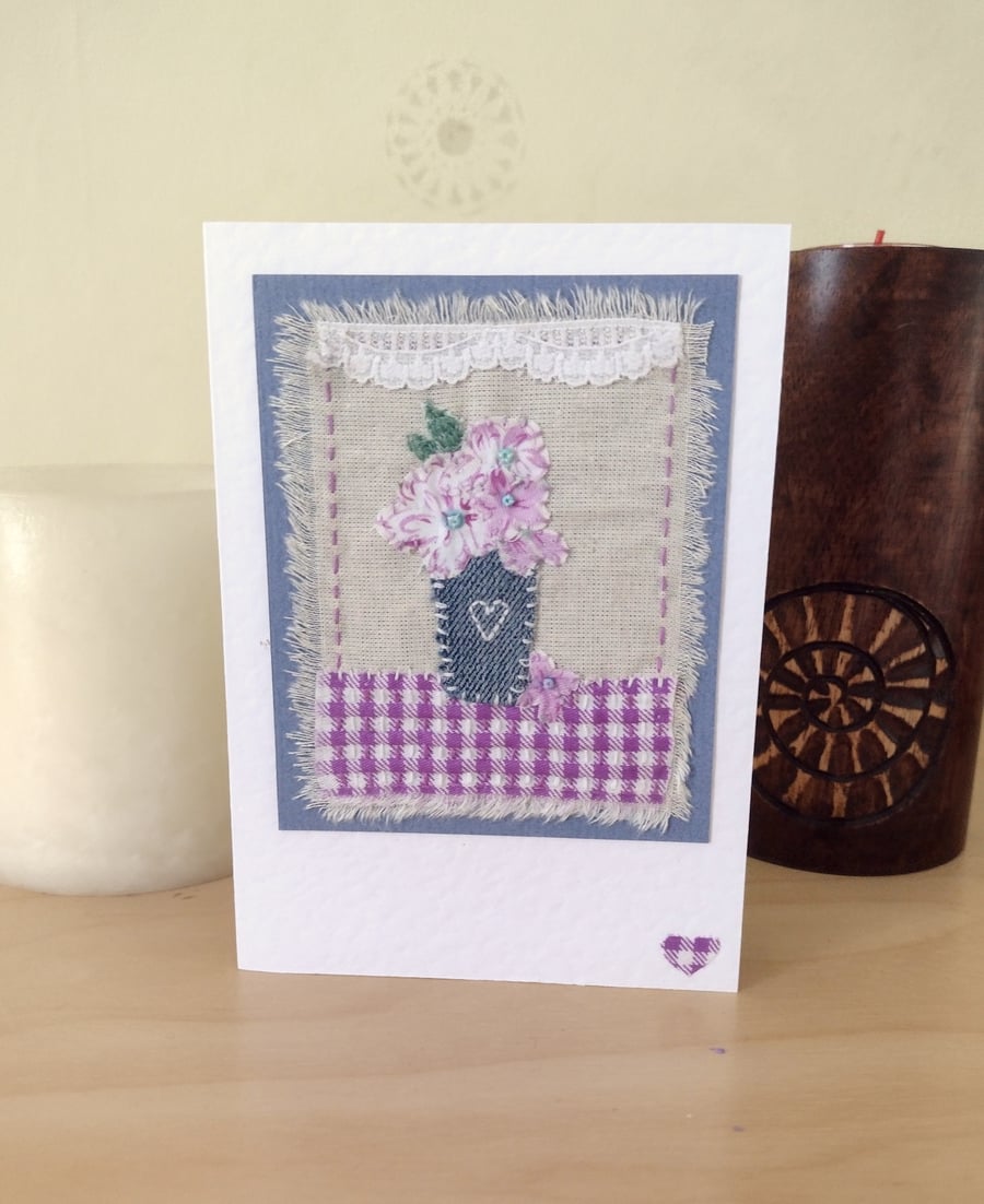 Fabric Vase of Flowers Card - Hand-Stitched - T... - Folksy