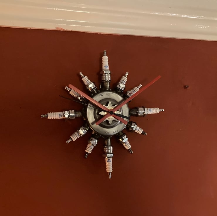 Sunburst Wall Clock, Repurposed Spark Plugs - Folksy