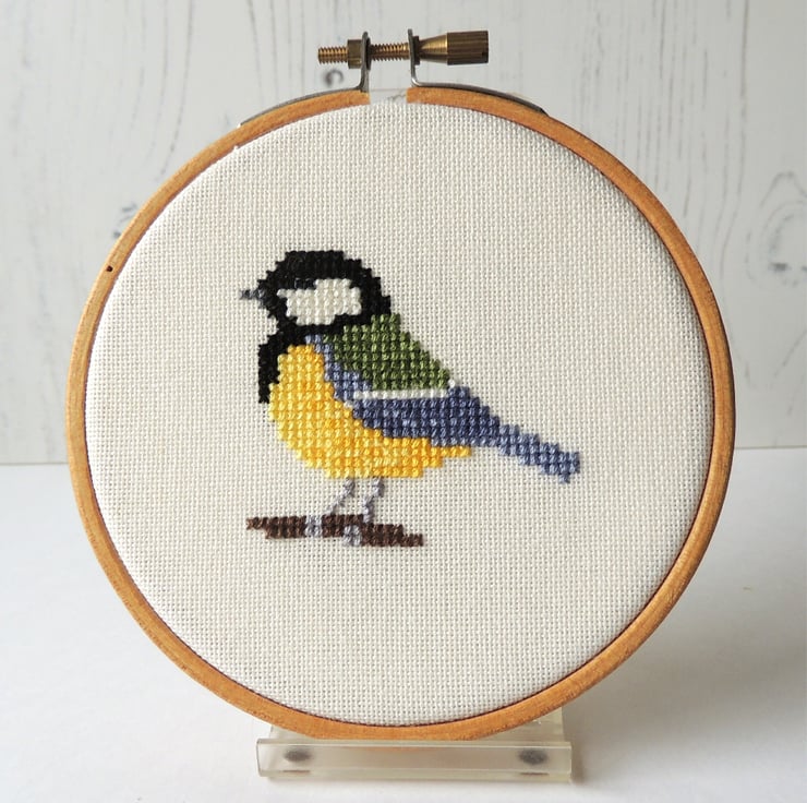 handmade great tit cross stitch hoop art - 4-in... - Folksy