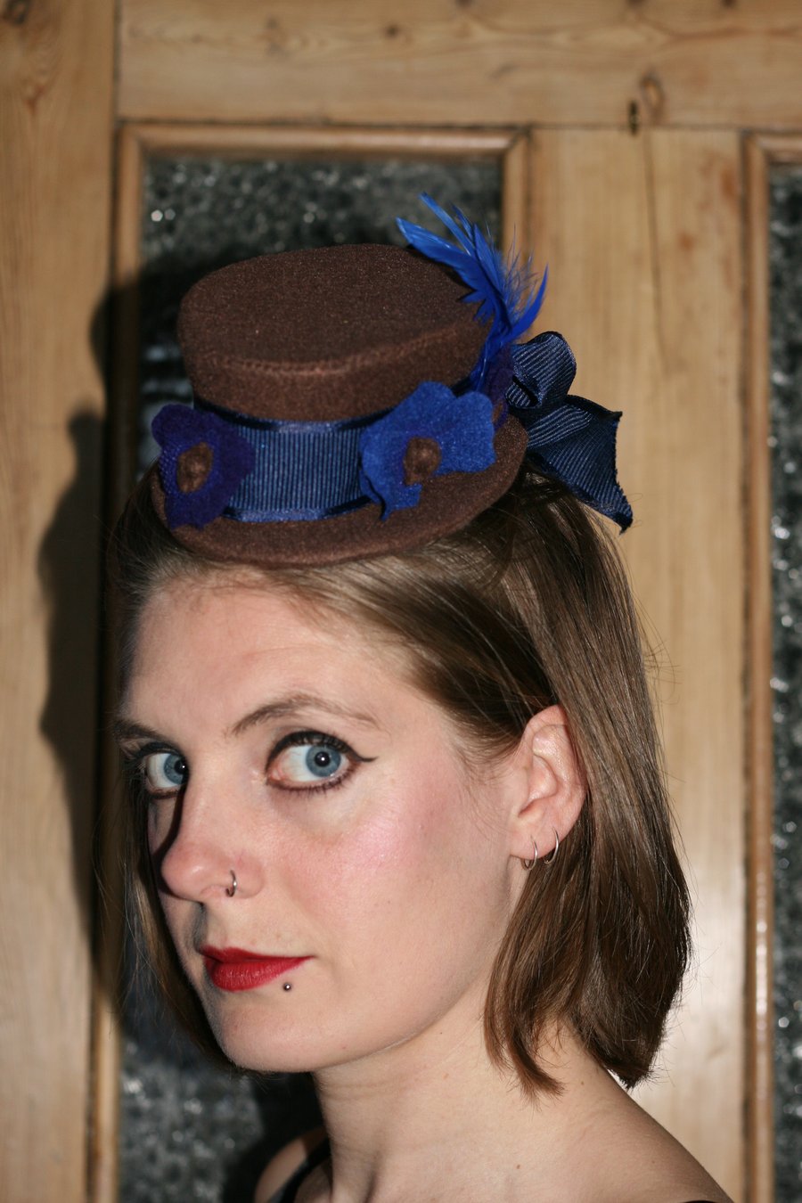 Chocolate brown and navy steampunk mini top hat - Folksy