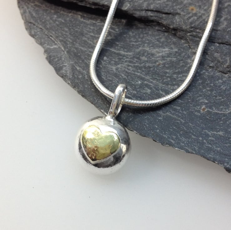 Silver and gold heart pebble pendant and chain - Folksy