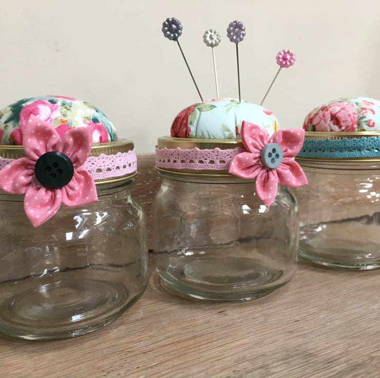 Pin Cushion Jar with flower - Folksy