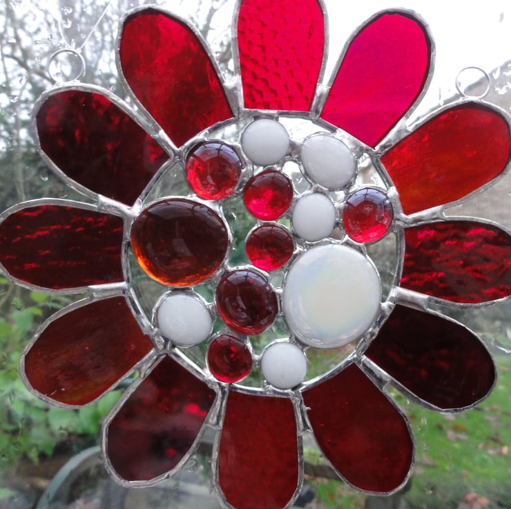 Stained Glass Bead Daisy Suncatcher - Red - Folksy