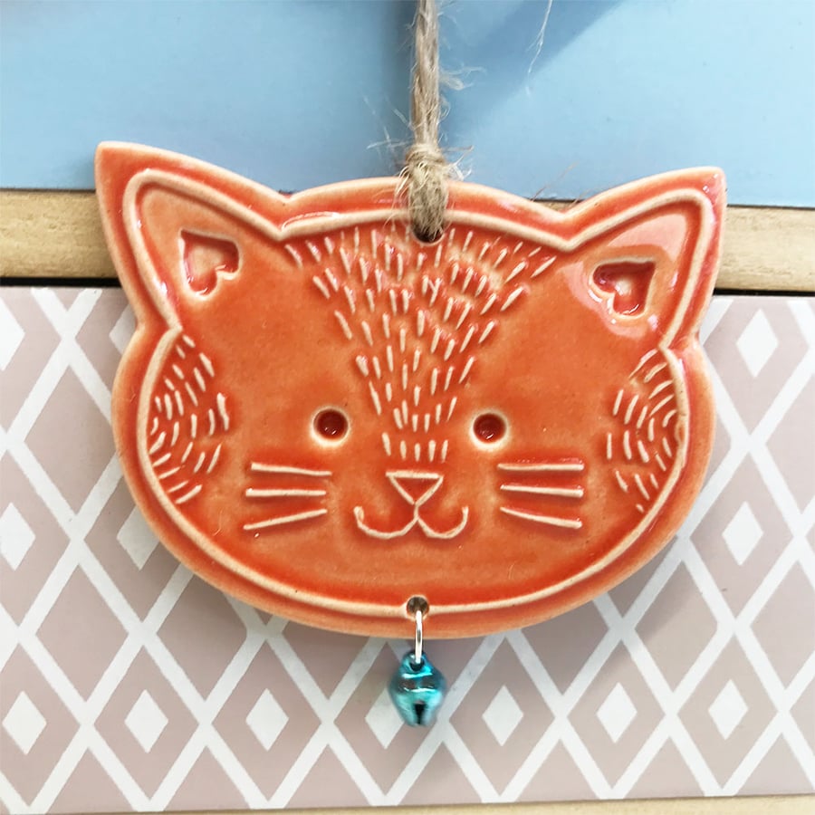 Ceramic Cat decoration with little bell (ginger) - Folksy
