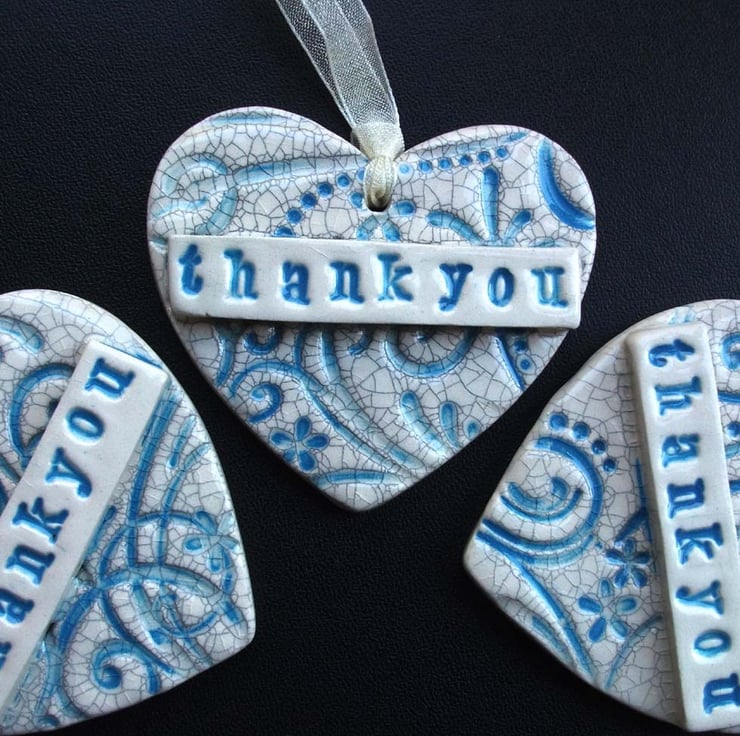 3 ceramic Thankyou tags - hanging decorations - Folksy