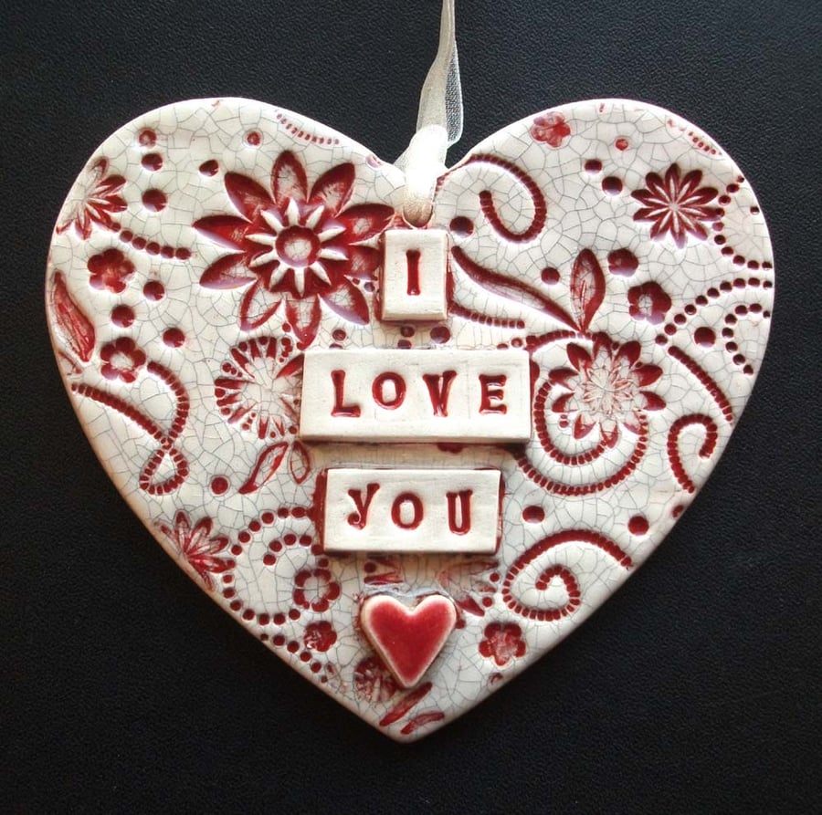 Red ceramic heart decoration I Love You - Folksy