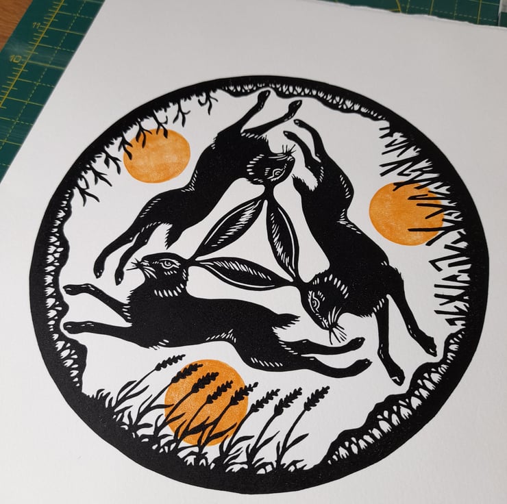 Three Hares - original lino print with Tinners'... - Folksy