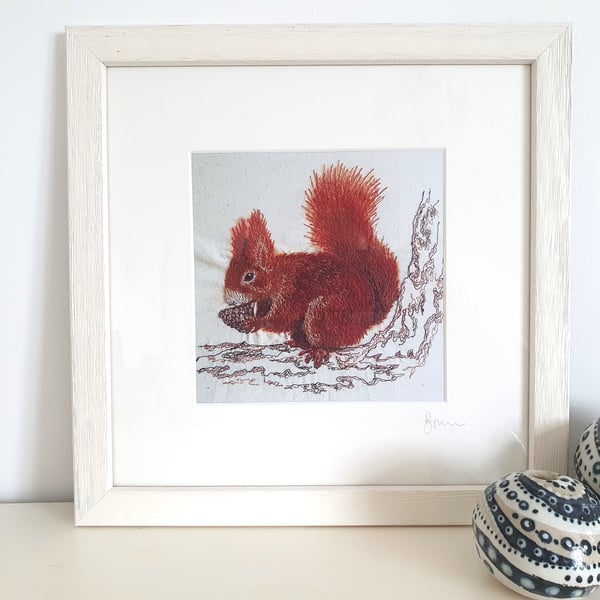 Red Squirrel Framed Print, Embroidered Textile Art - Folksy