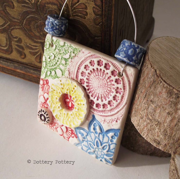 Small decorative ceramic tile with handmade bea... - Folksy