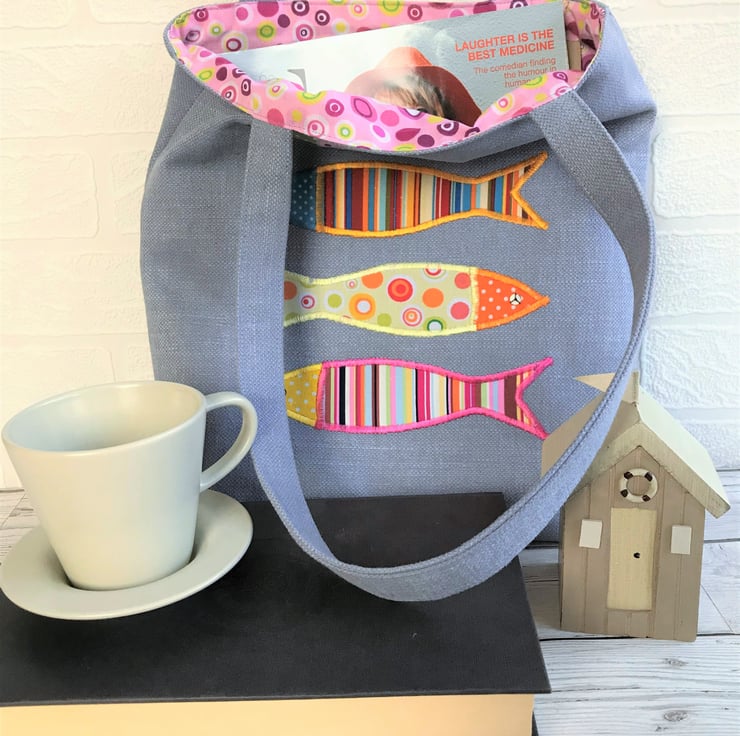 Fish tote bag in blue with four colourful circl... - Folksy