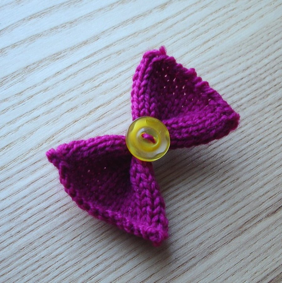 Knitted Bow Hair Clip with Button in Fuchsia - Folksy