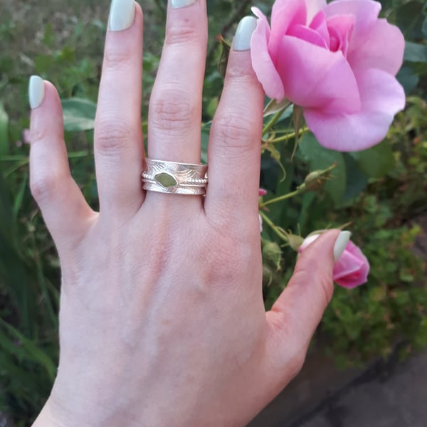 Olive yellow sea glass spinner ring SR1 - Folksy