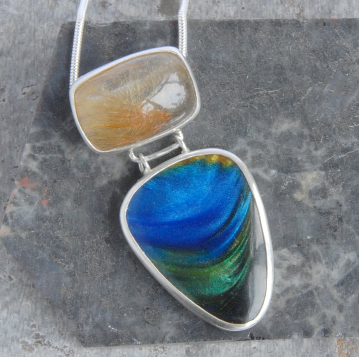 Rutile quartz, surfite and sterling silver pendant - Folksy