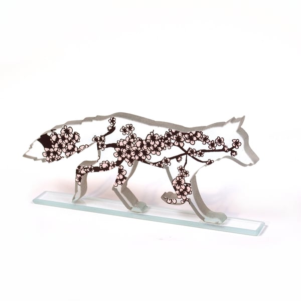 Fox Glass Sculpture with Cherry Blossom Artwork - Folksy