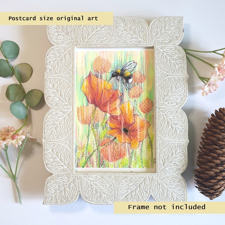 Bee with red poppies, original art, letterbox gift - Folksy