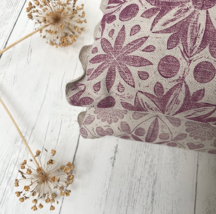 Hand Printed Linen Cushion - RUNA - Raspberry Red - Folksy