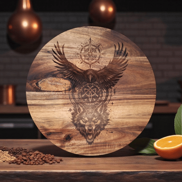 Occult Wolf & Raven Etched Acacia Lazy Susa... - Folksy