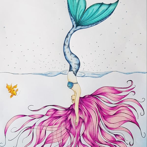Art Drawing Diving Mermaid Drawing - Folksy