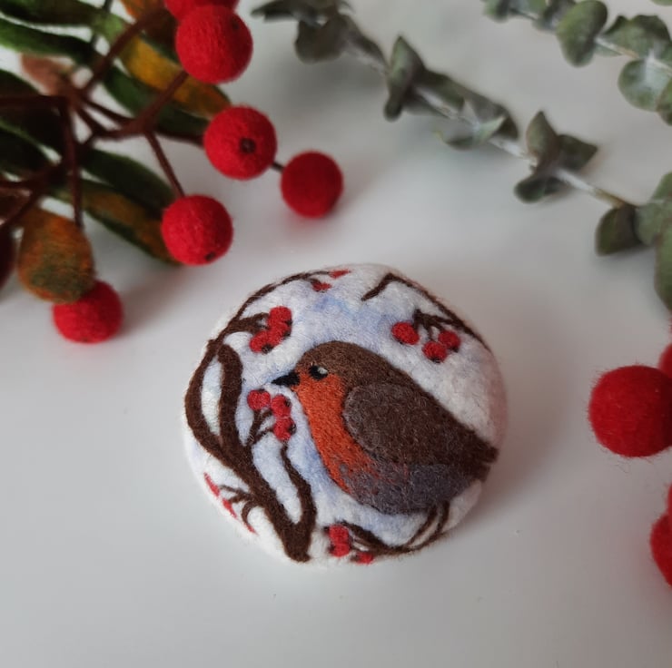 Needle Felted 'Robin in Snow' Brooch - Folksy